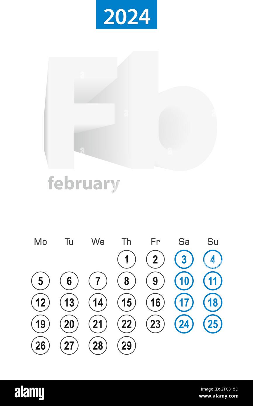 Calendar for February 2024, blue circle design. English language, week ...