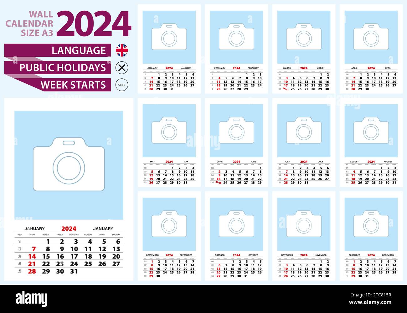 Wall calendar 2024 size A3. English language, week start from Sunday ...