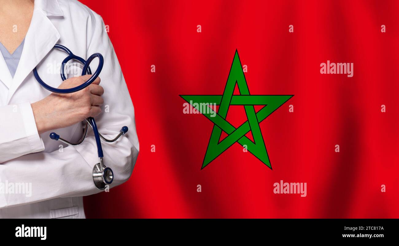 Maroccan medicine and healthcare concept. Doctor close up against flag ...