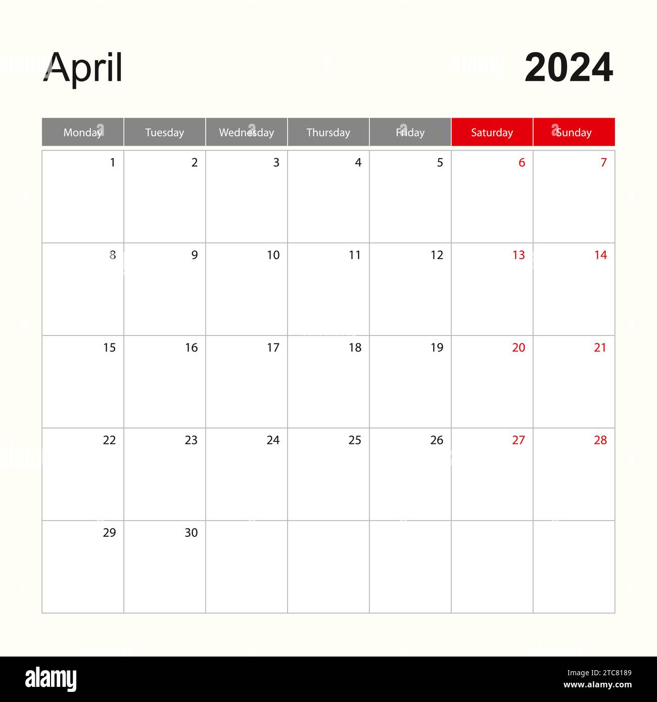 Wall calendar template for April 2024. Holiday and event planner, week ...