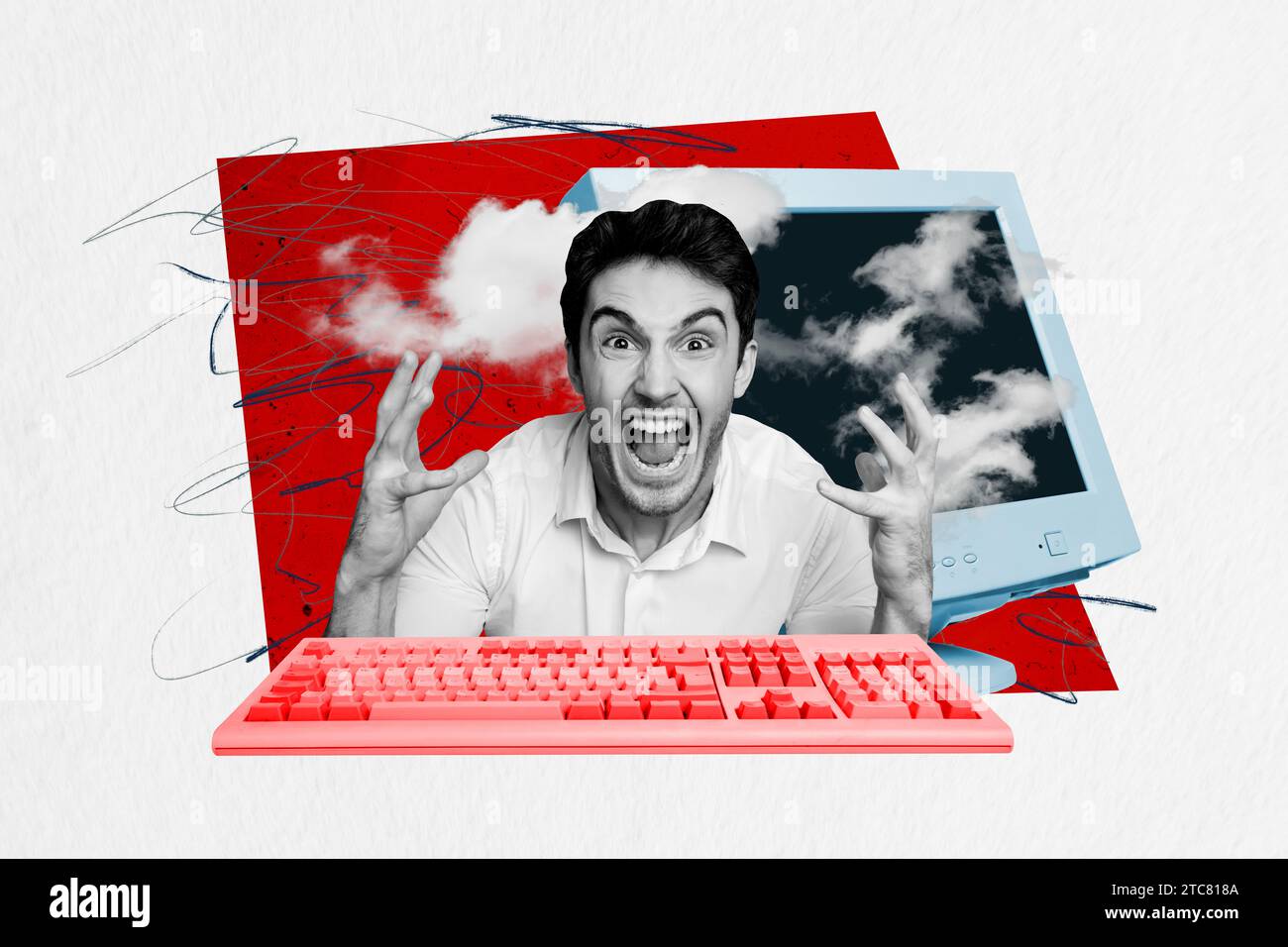 Creative trend collage of angry man bossy screaming deadline bad time management computer ...