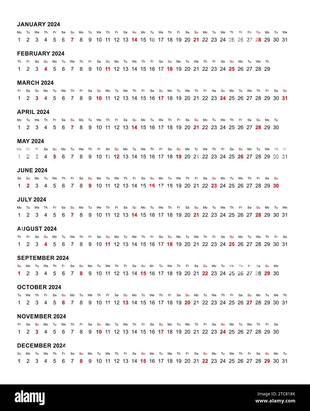 Simple horizontal calendar template year 2024, vector illustration ...