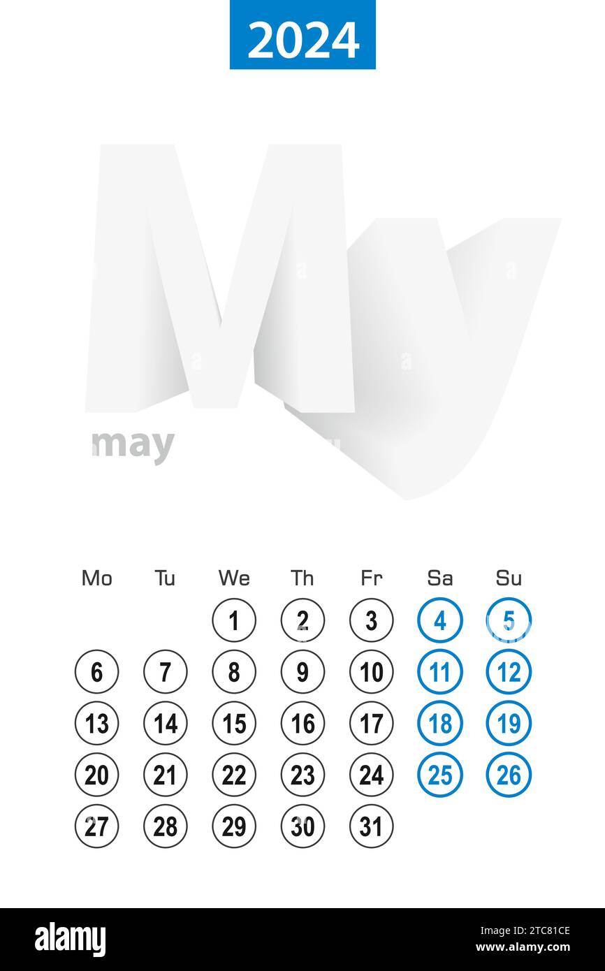 Calendar for May 2024, blue circle design. English language, week ...