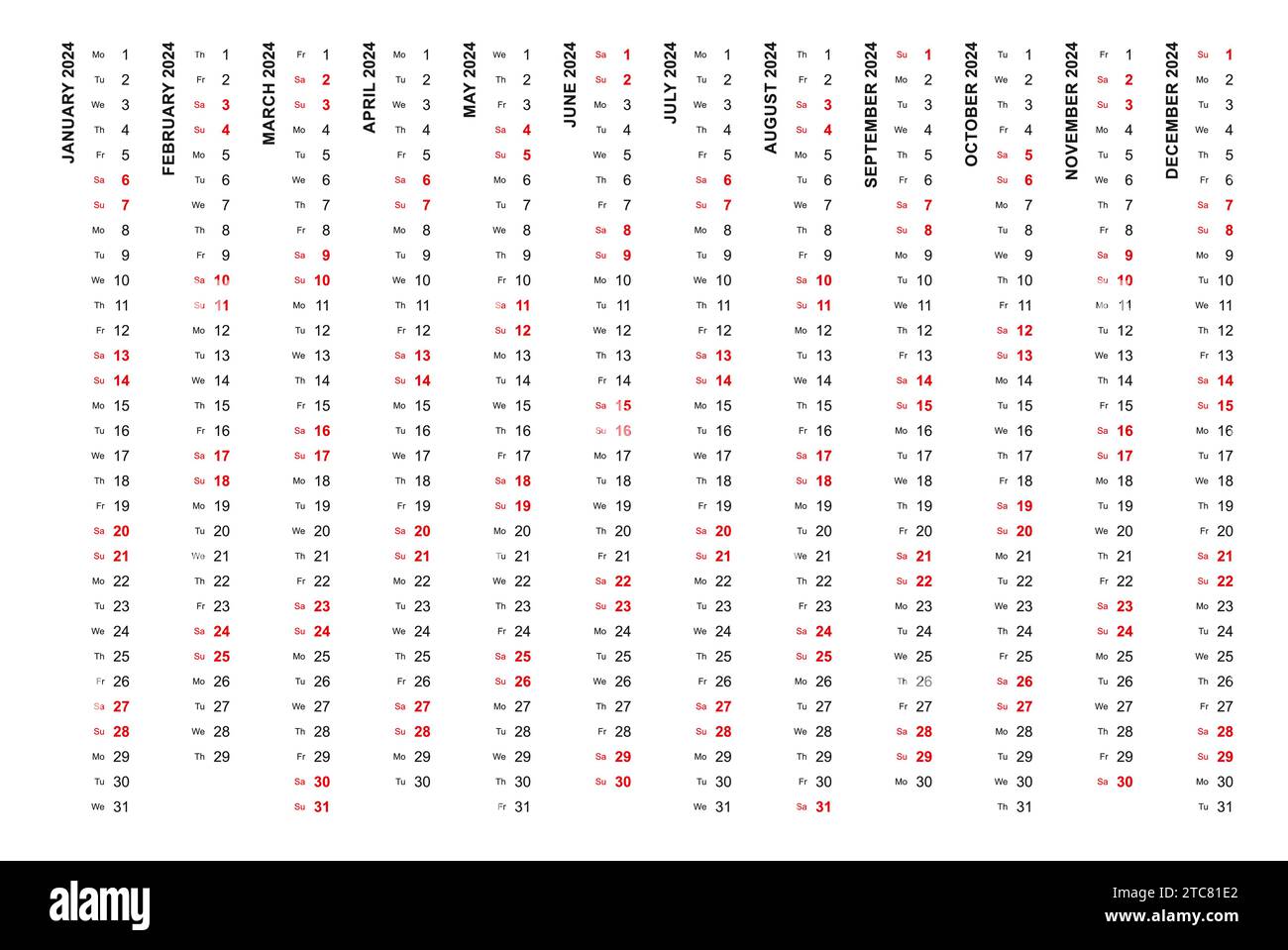 Simple vertical calendar template year 2024. Vertical vector calendar ...