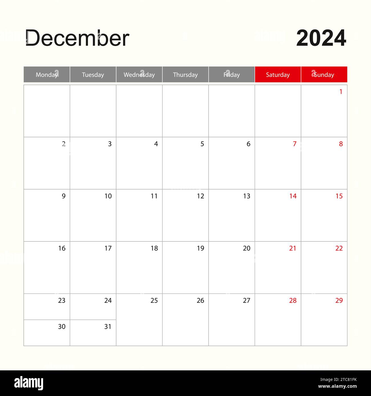 Wall calendar template for December 2024. Holiday and event planner ...
