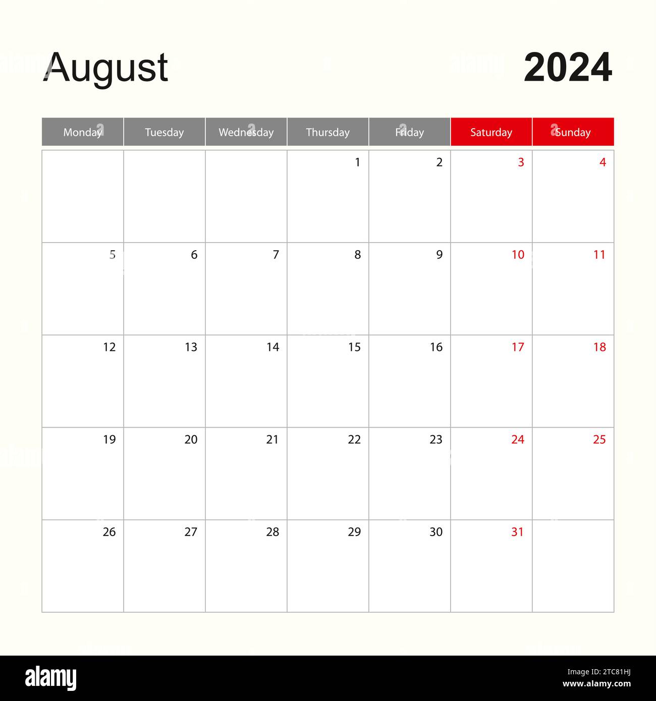 Wall calendar template for August 2024. Holiday and event planner, week ...