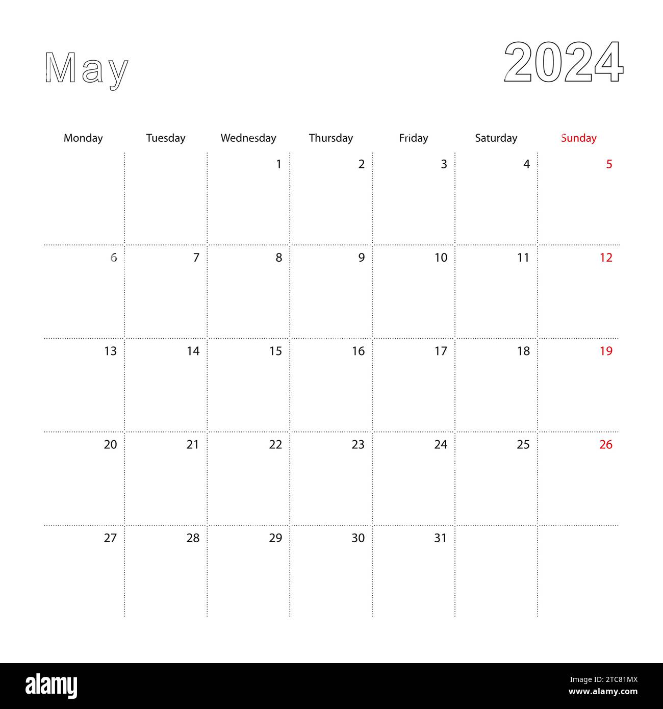 Simple wall calendar for May 2024 with dotted lines. The calendar is in ...