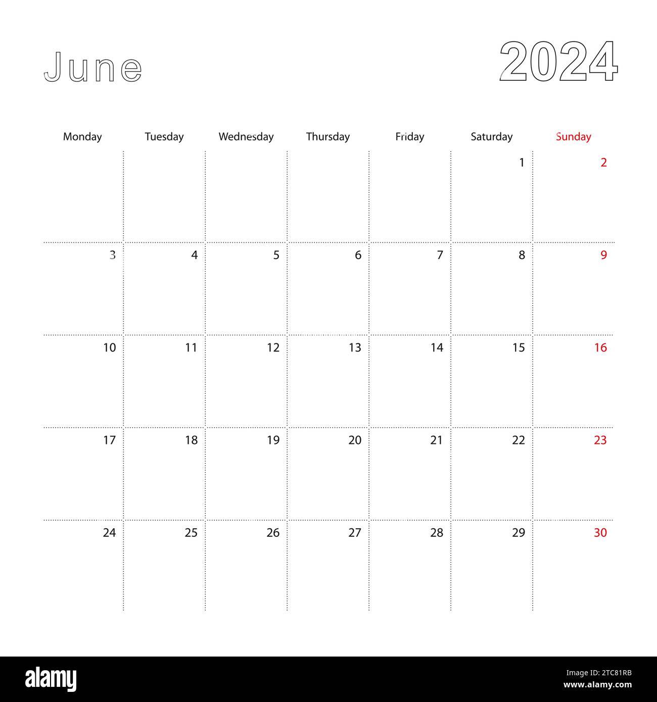 Simple wall calendar for June 2024 with dotted lines. The calendar is ...