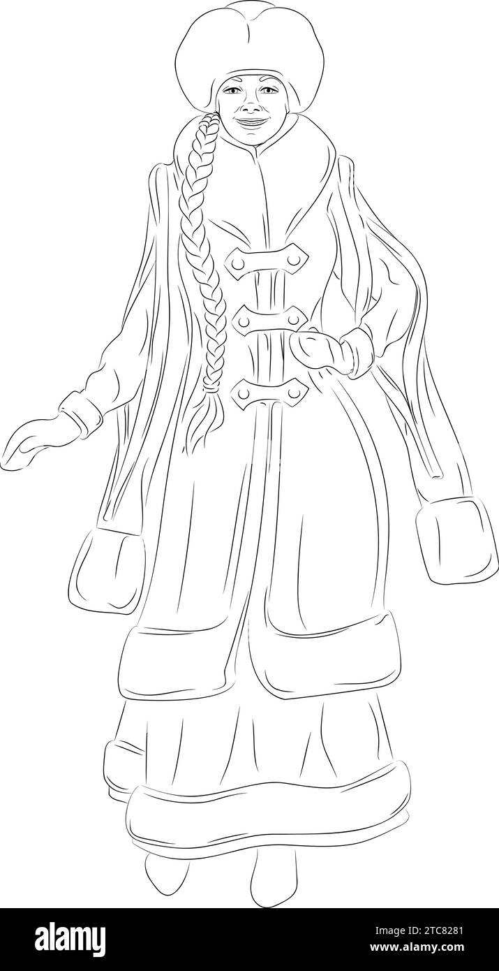 Line art of Snow Maiden with long braid in an ancient fur coat with ...