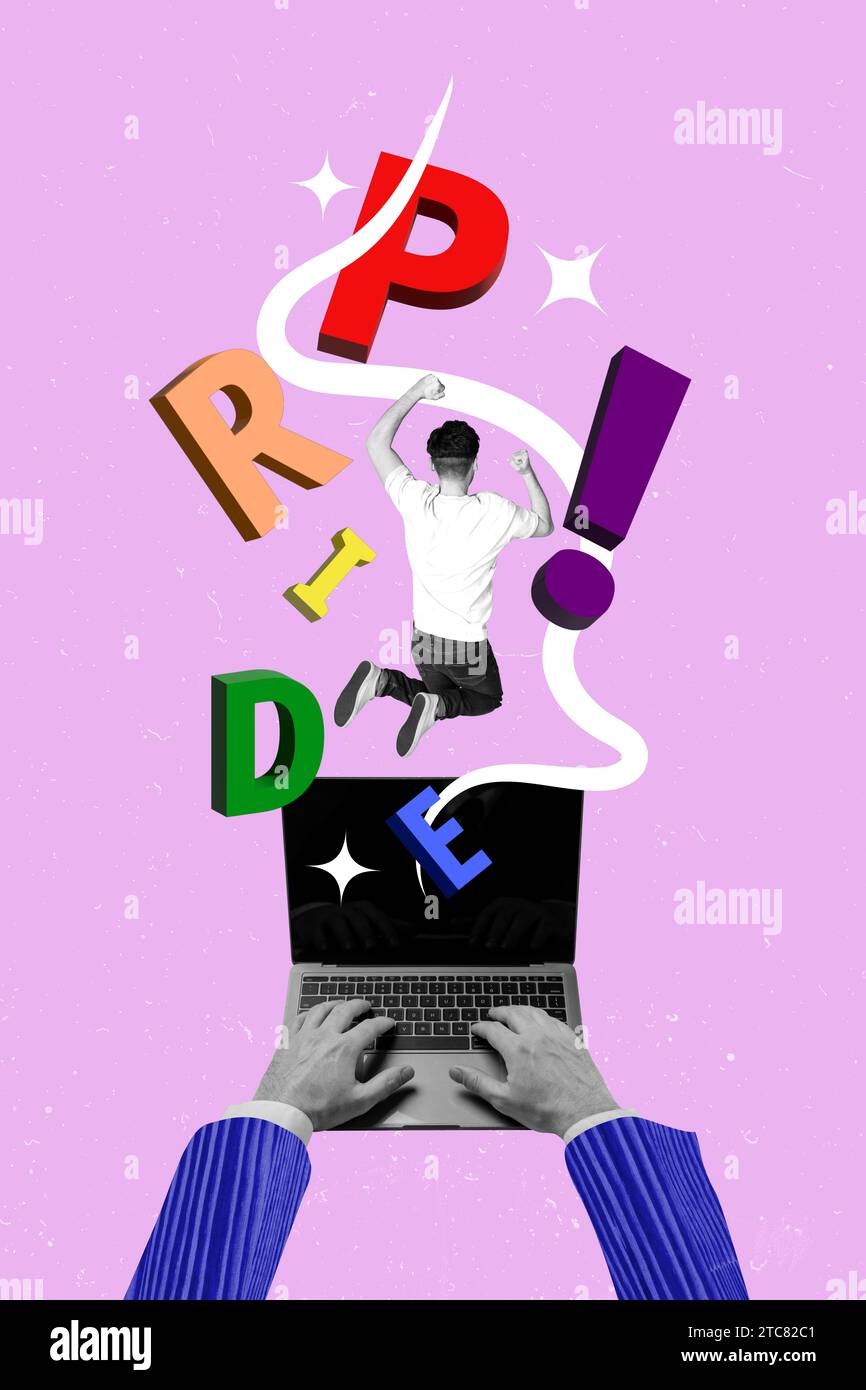Vertical placard collage illustration of lgbt pride supporter young man ...