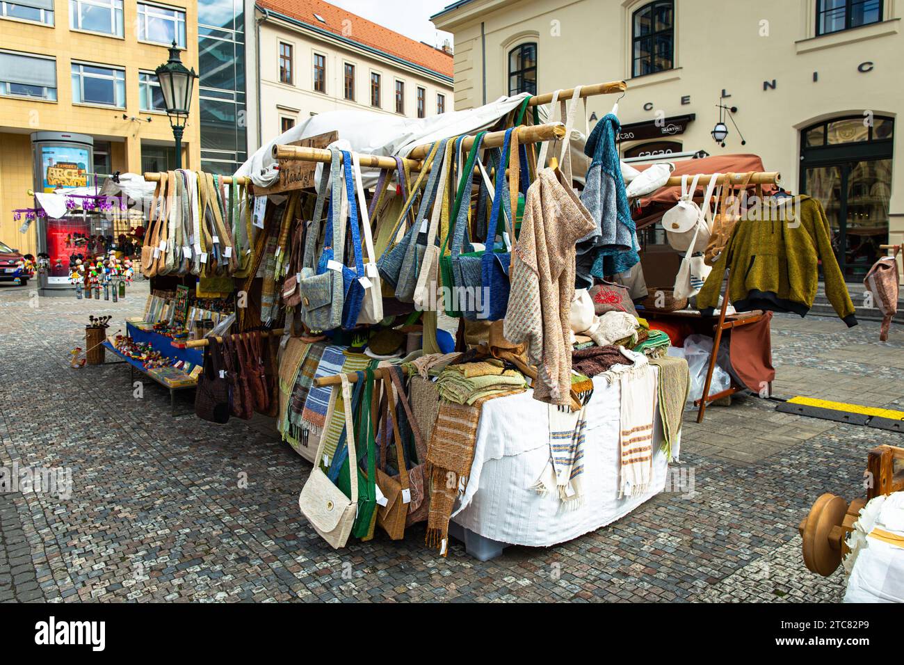 Prague, Czech Republic - March 29, 2018: Handmade weaving products bags ...