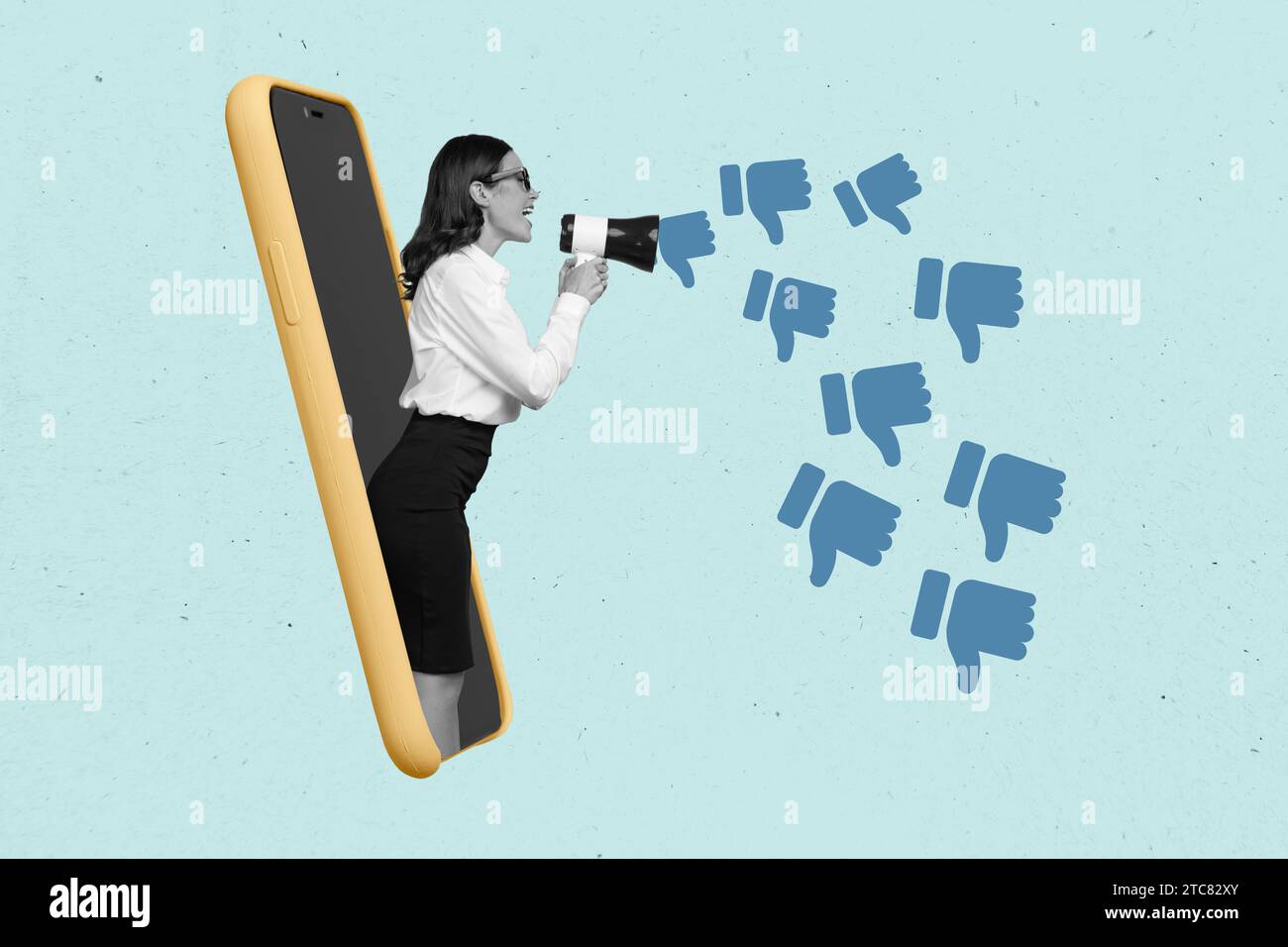 Illustration collage creative happy loud young woman speak thumb down ...