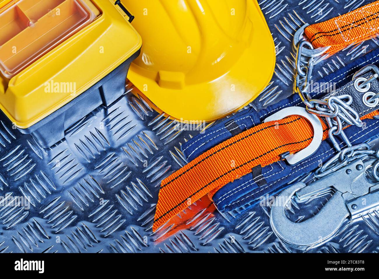 Close up view tool box helmet safety harness on corrugated sheet Stock ...