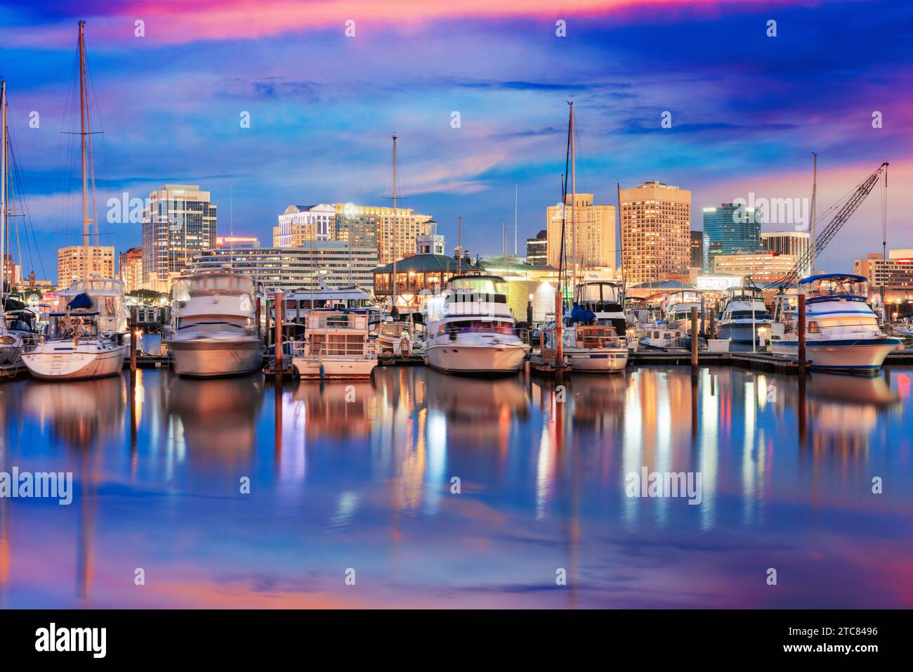 Norfolk, Virginia, USA cityscape on the Chesapeake Bay at twilight ...
