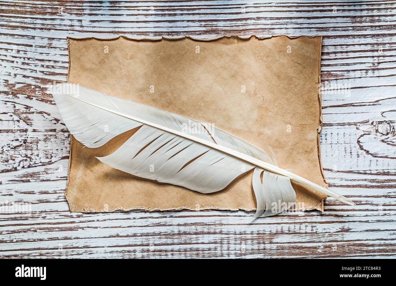 Medieval sheet of paper plume on vintage wooden board Stock Photo - Alamy