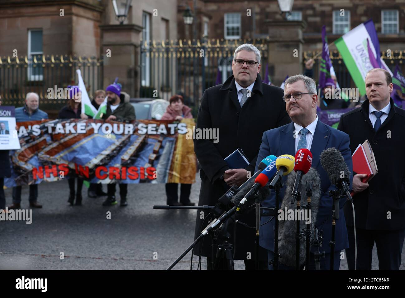 (Left to right) Deputy Leader of the DUP Gavin Robinson, Leader of the DUP Sir Jeffrey Donaldson ...