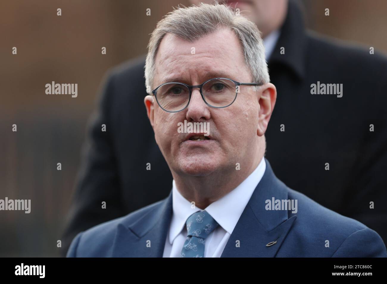 Leader of the DUP Sir Jeffrey Donaldson speaks to media outside ...