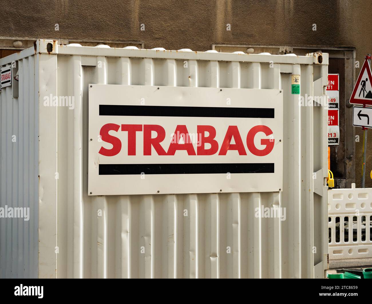 Strabag logo sign on a container at a construction site. The company is ...