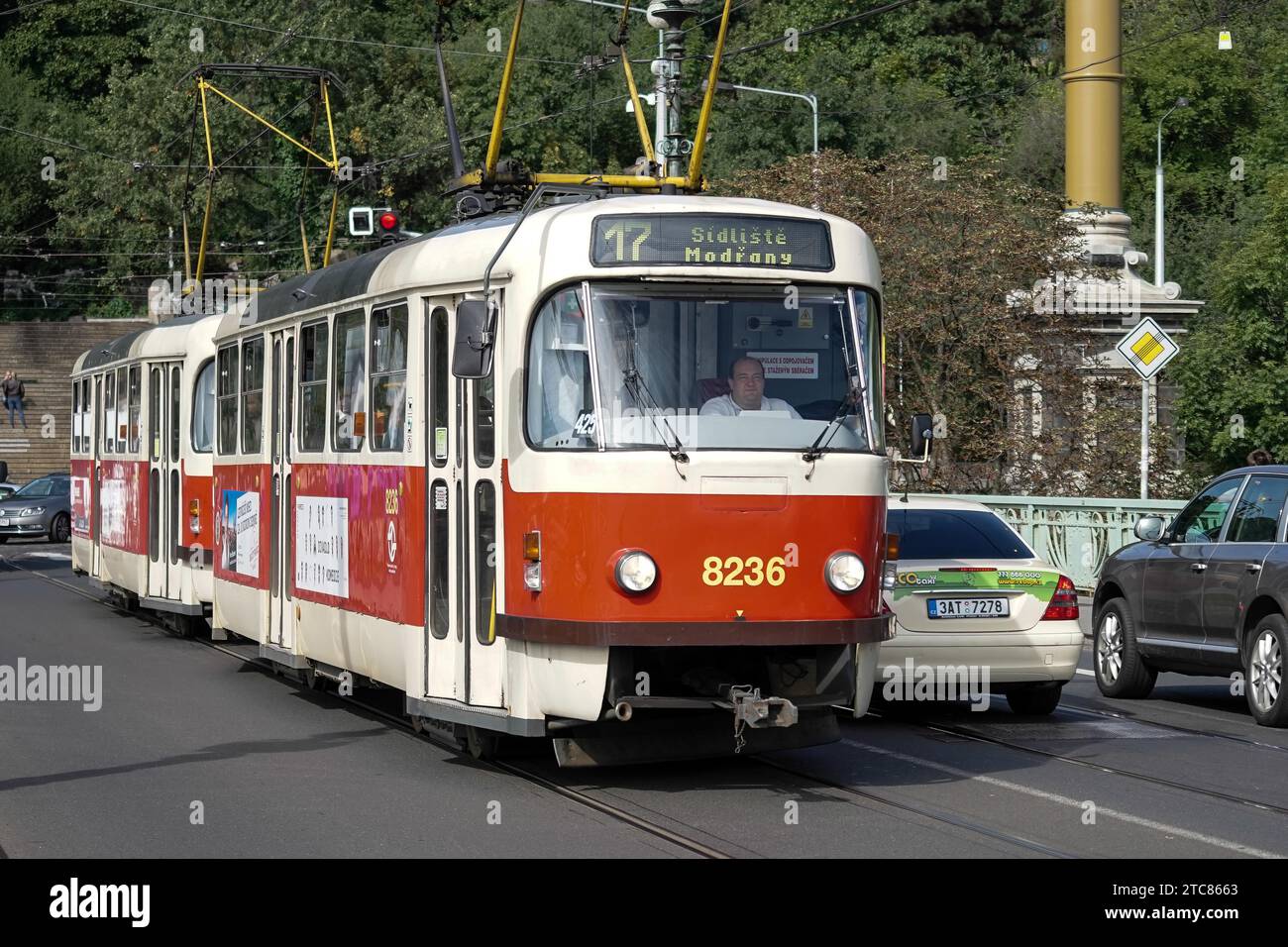 Tram crossing the Cechuv Bridge in Prague Stock Photo - Alamy