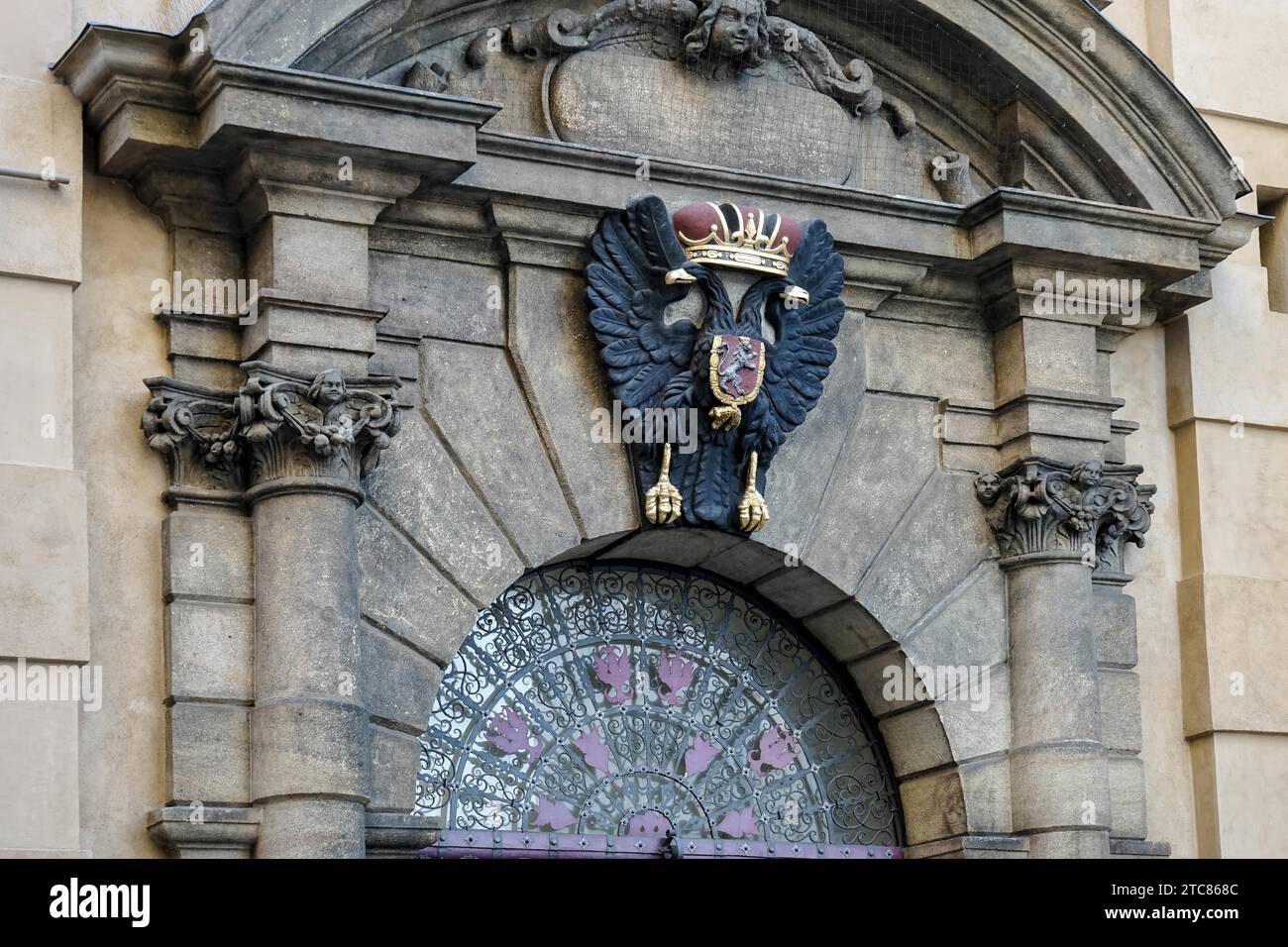 Crest of King Charles IV at entrance to Charles Bridge in Prague Stock ...