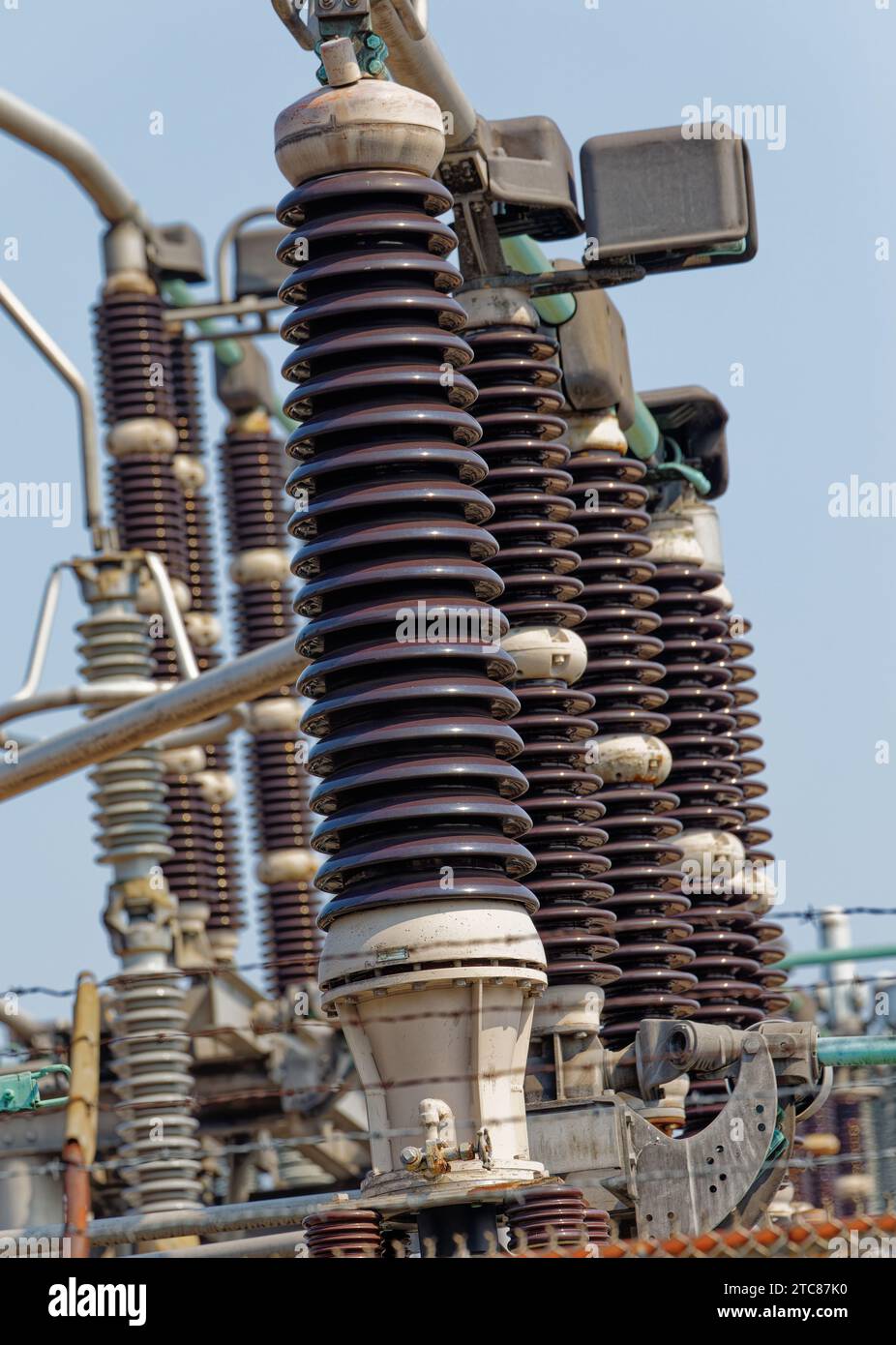 Massive insulators isolate oil-cooled 138,000-volt lines entering the ...