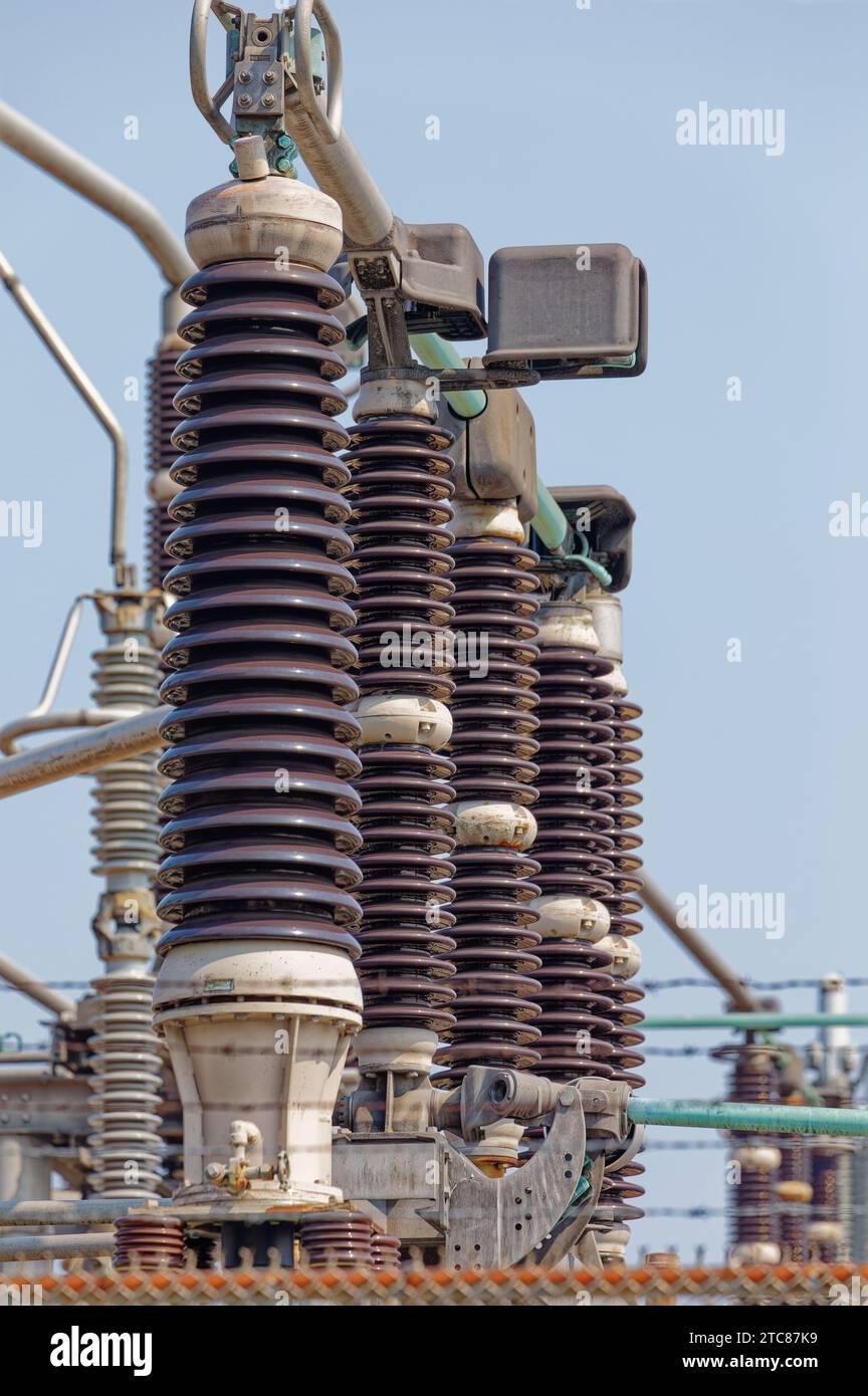 Massive insulators isolate oil-cooled 138,000-volt lines entering the ...