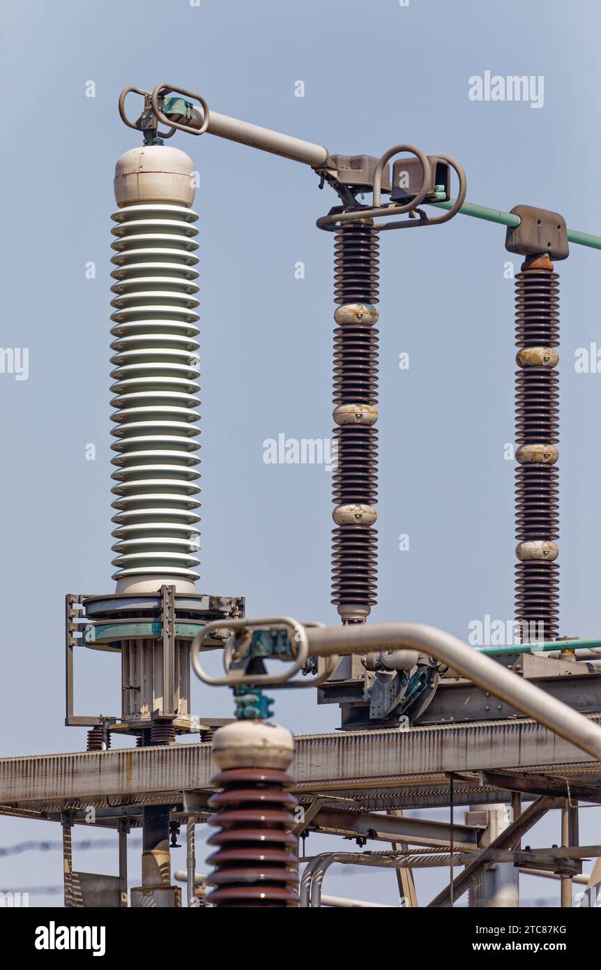 Massive insulators isolate oil-cooled 138,000-volt lines entering the ...