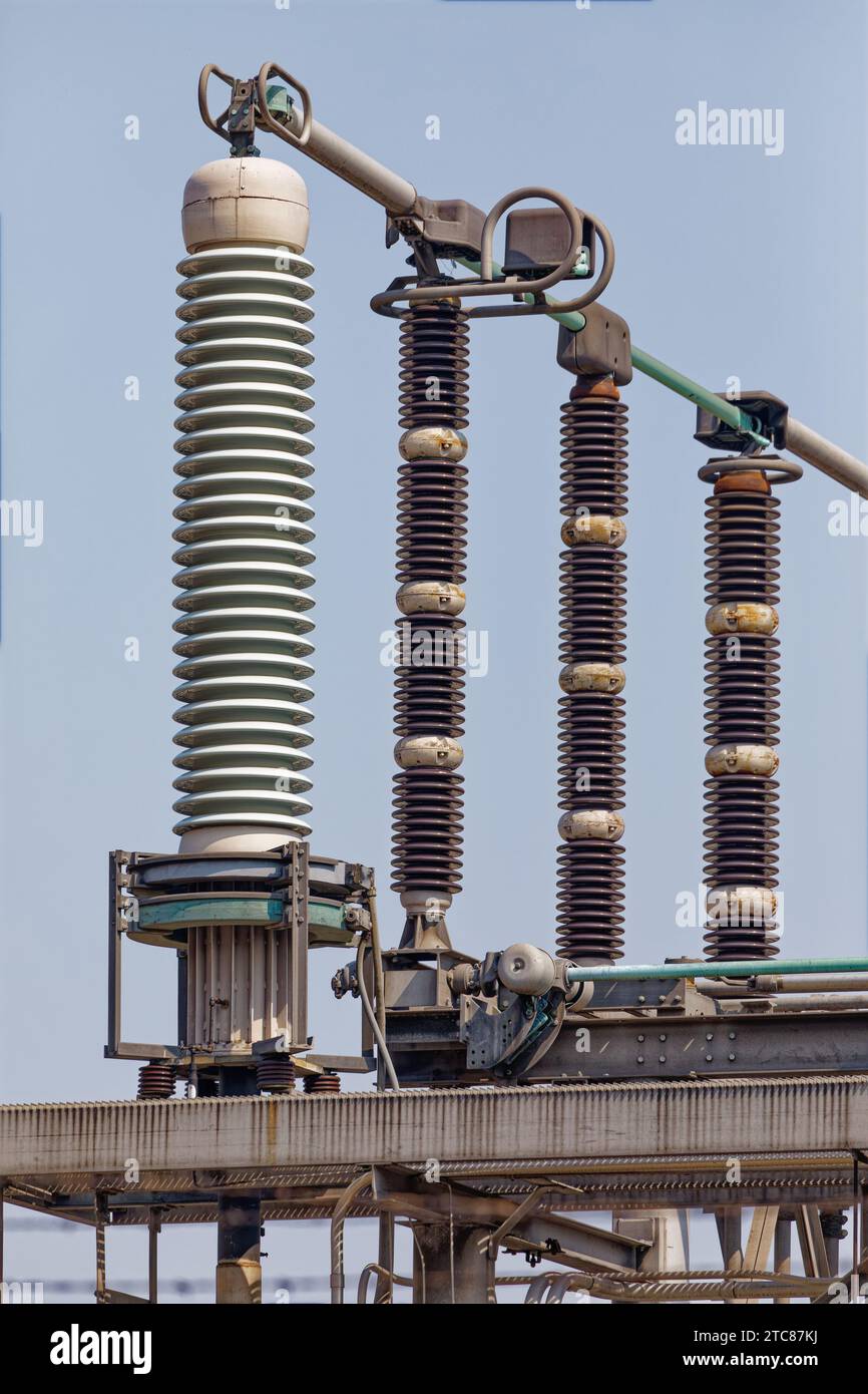 Massive insulators isolate oil-cooled 138,000-volt lines entering the ...
