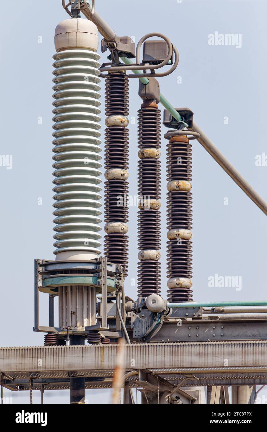 Massive insulators isolate oil-cooled 138,000-volt lines entering the ...