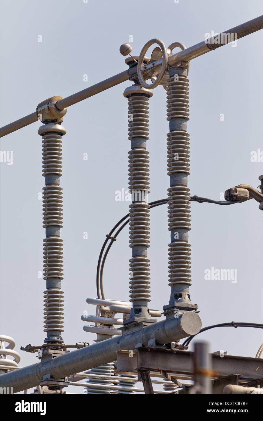 Massive insulators isolate oil-cooled 138,000-volt lines entering the ...