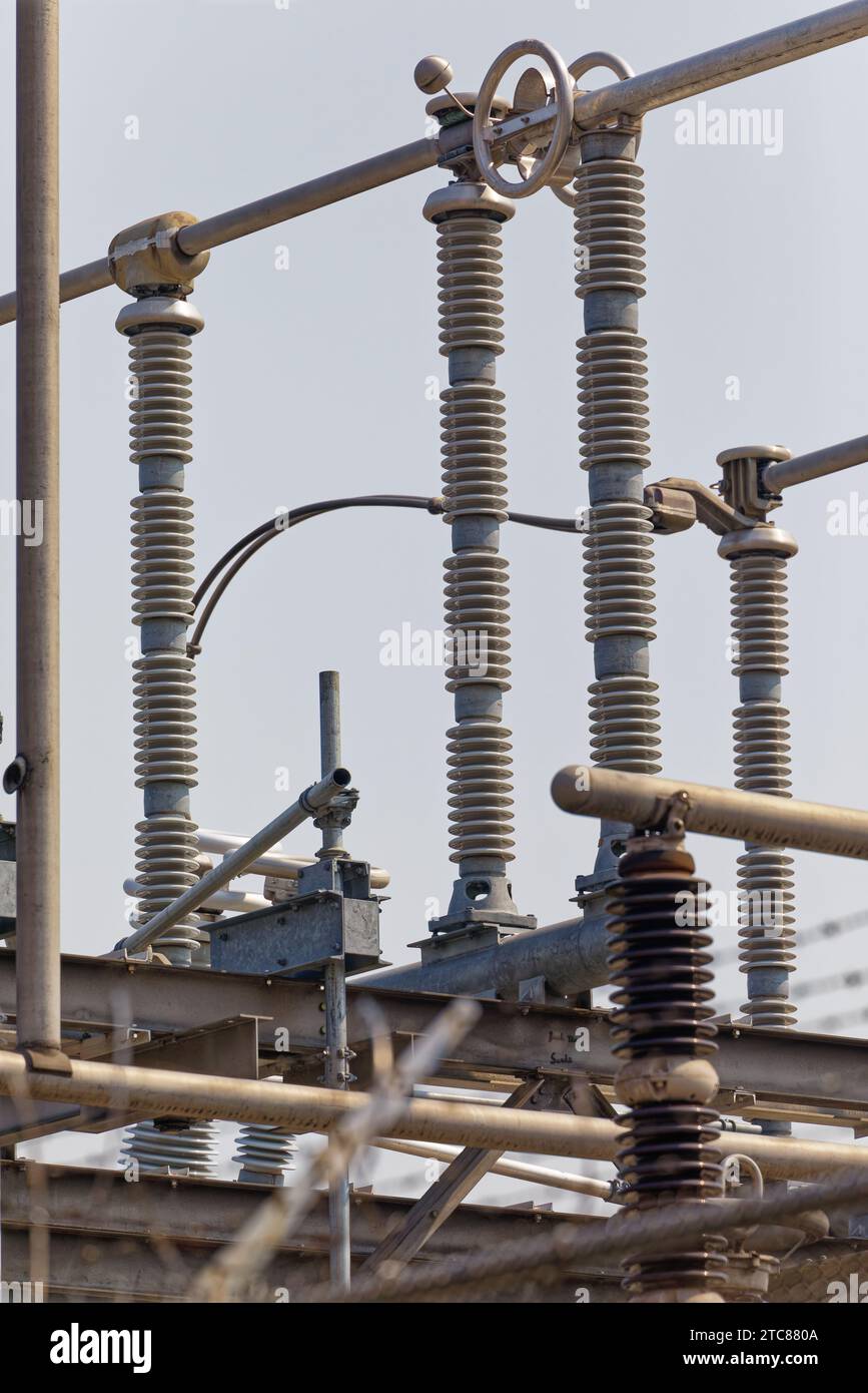 Massive insulators isolate oil-cooled 138,000-volt lines entering the ...
