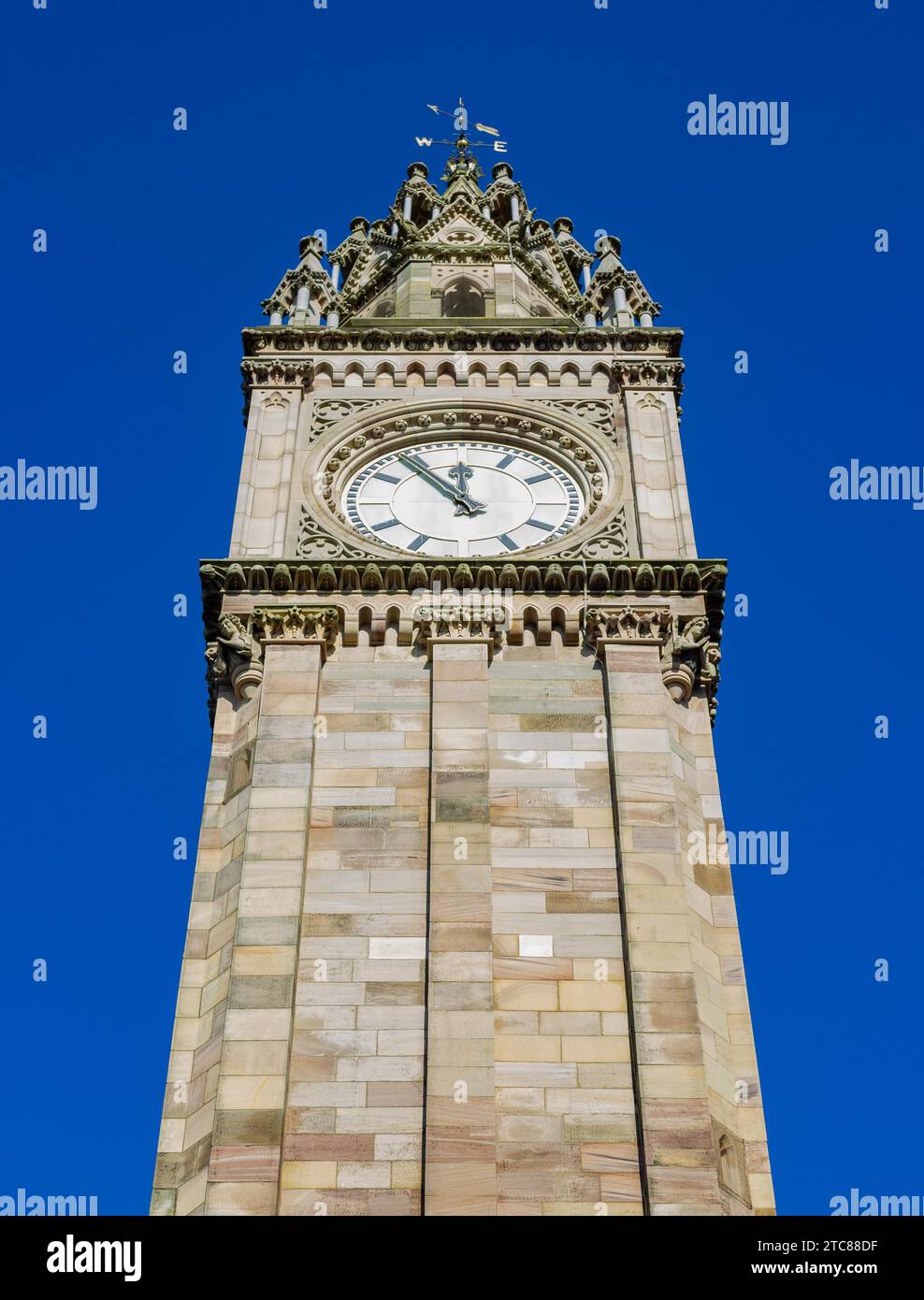 A picture of a centered Albert Memorial Clock, as seen from below ...