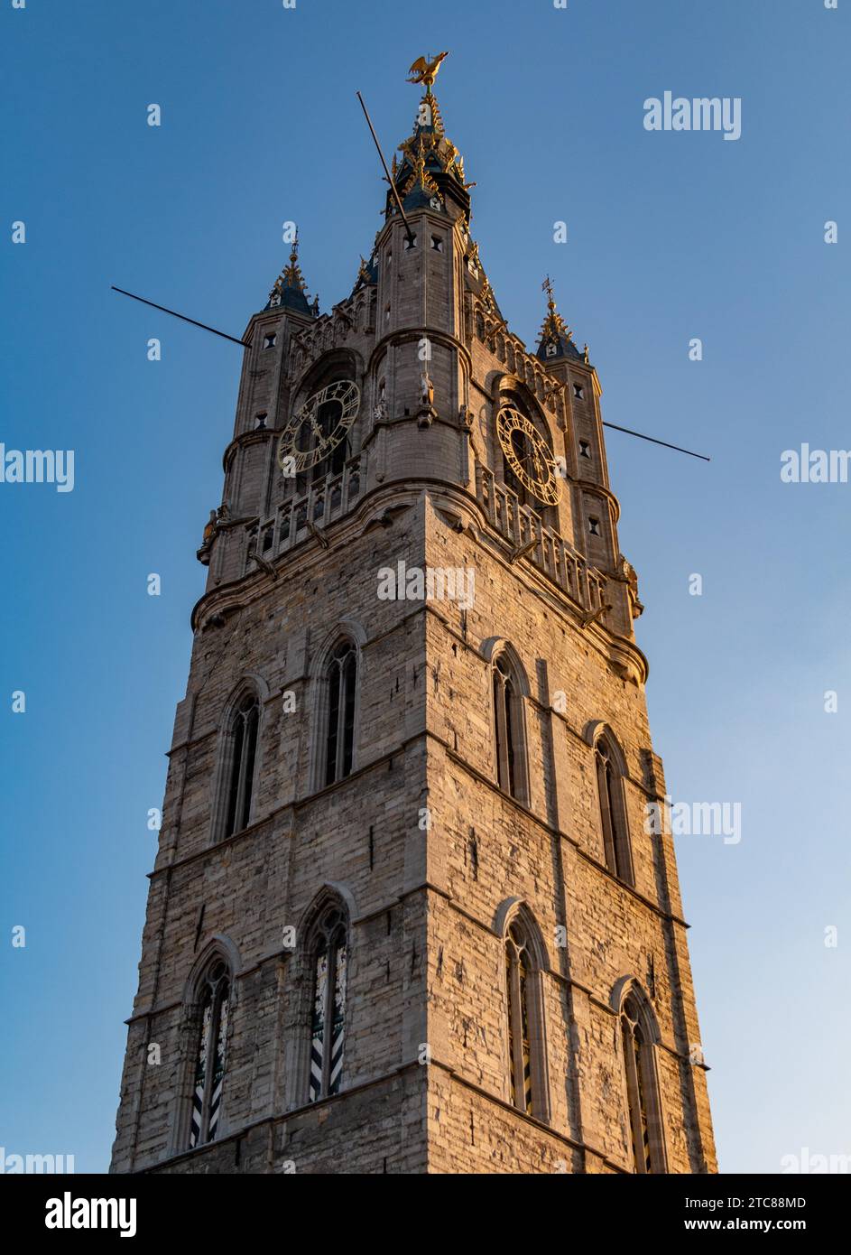 A picture of the Ghent Belfry (the main tower) as seen from below Stock ...