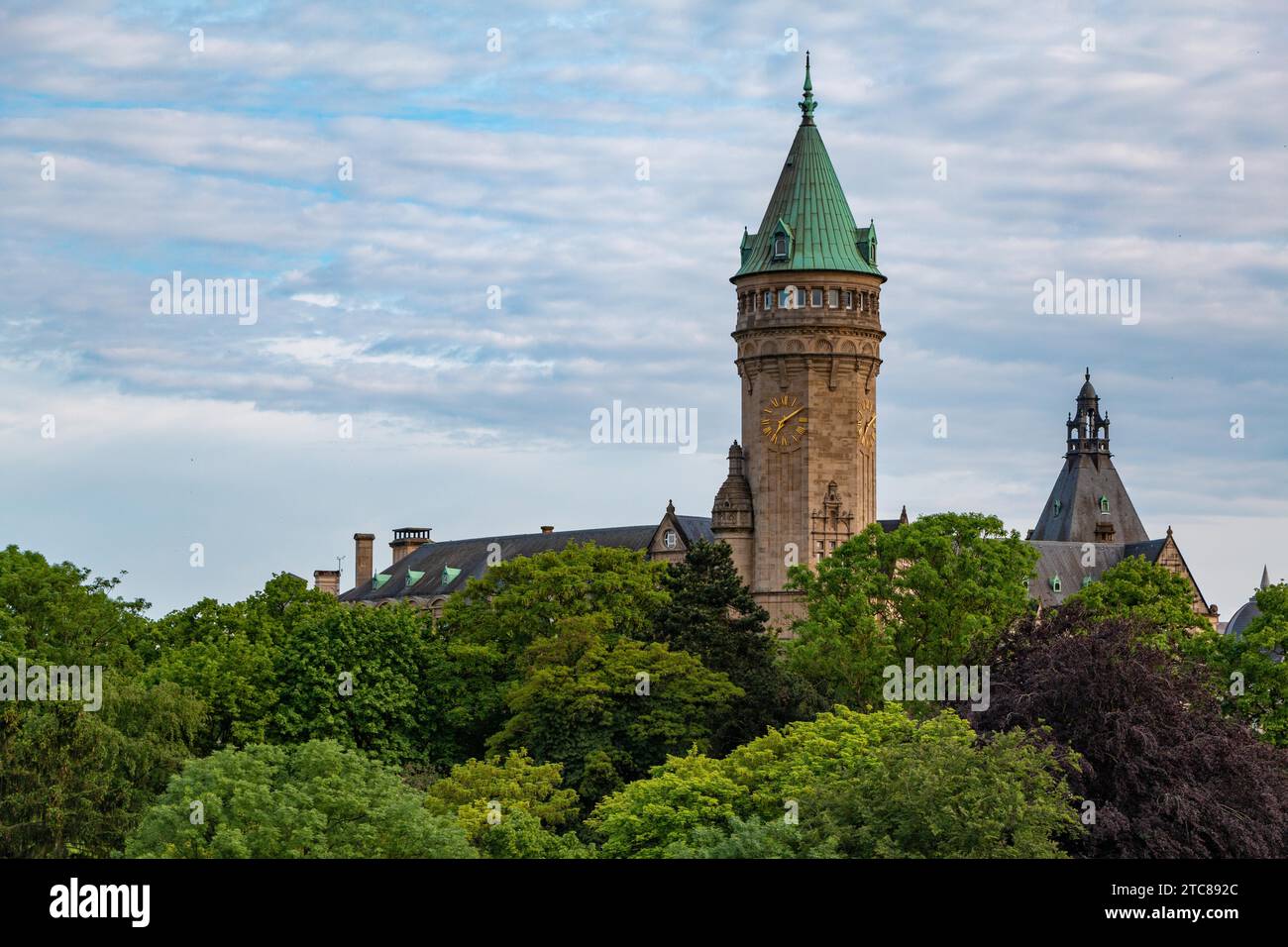 A picture of the Bank Museum Luxembourg's tower and rooftops as seen ...