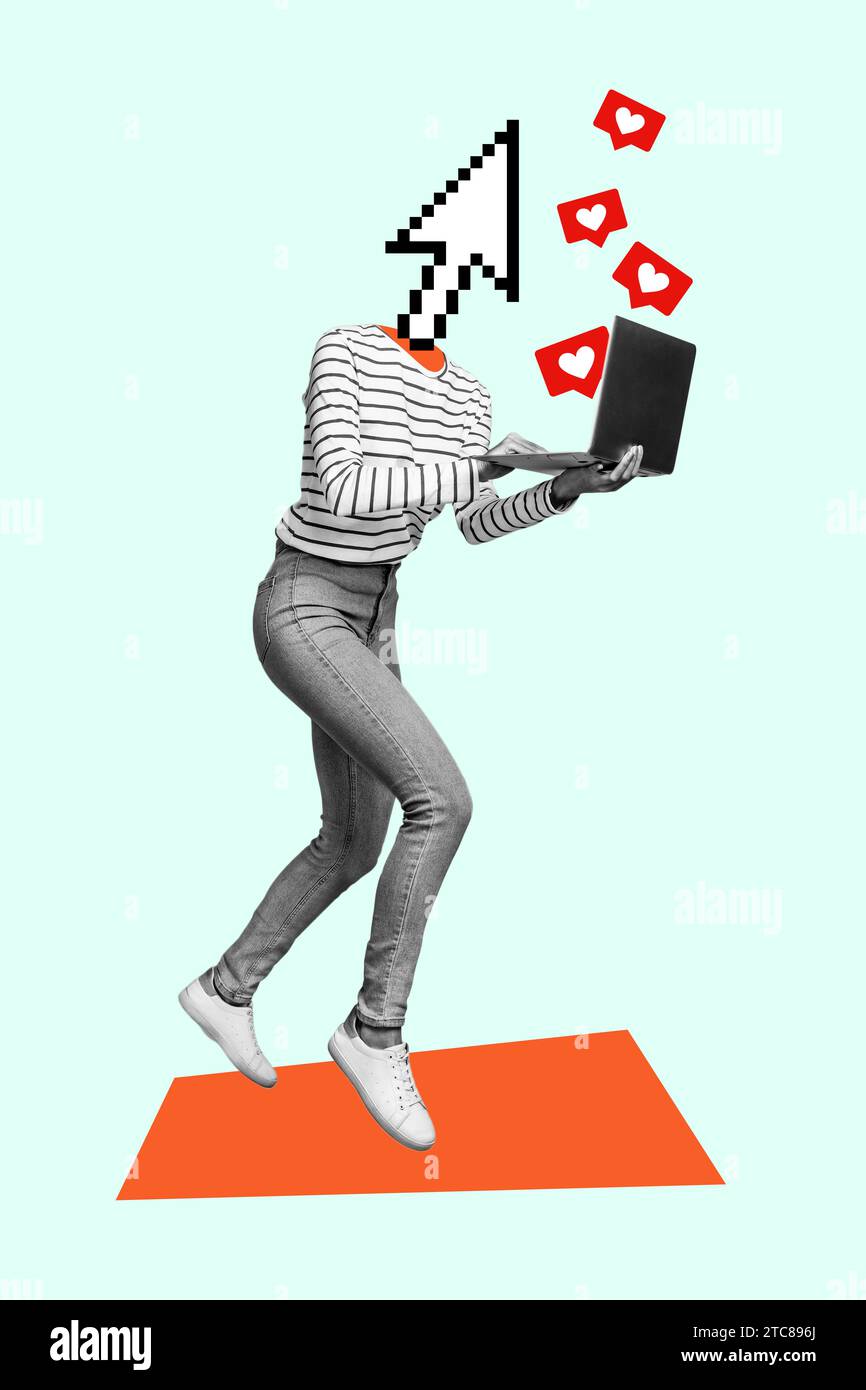 Creative vertical collage jumping headless woman mouse arrow instead ...