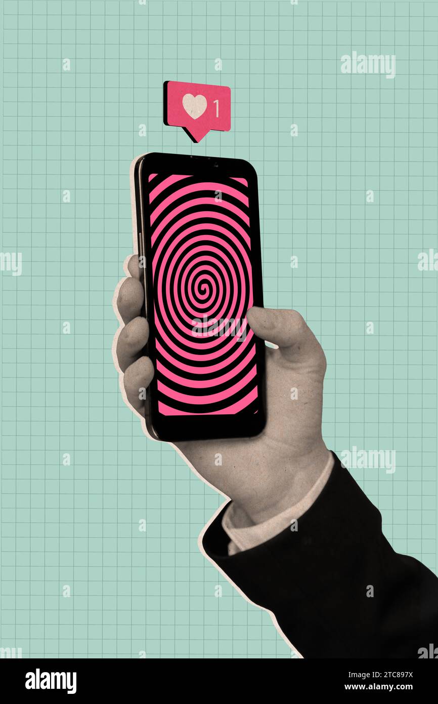 Vertical surreal photo collage of man hand hold smartphone hypnotizing ...