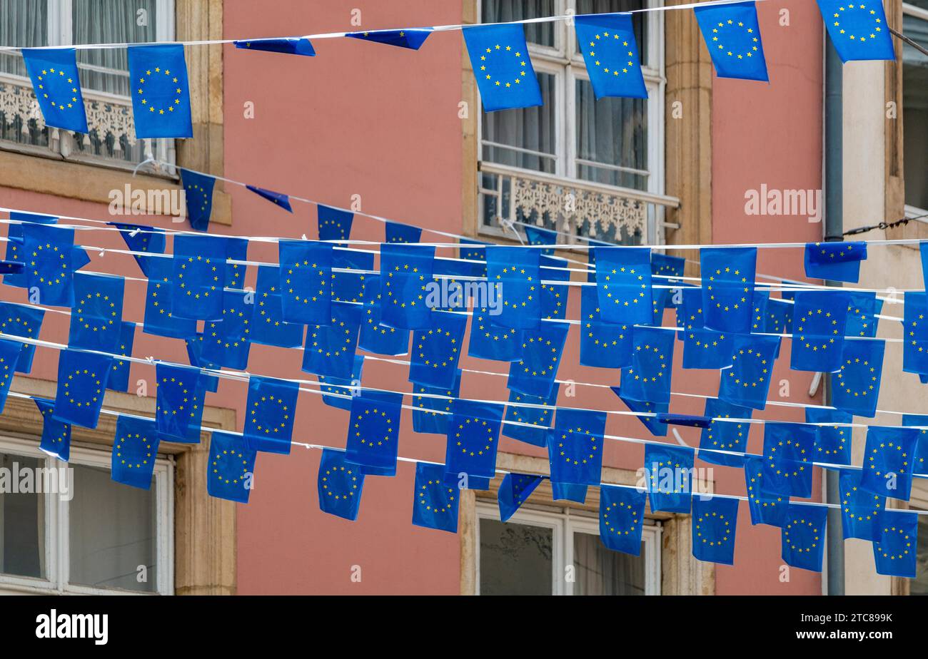 A picture of many European Union celebration flags in the streets of ...