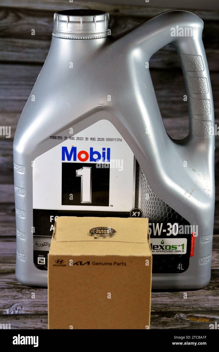 Cairo, Egypt, November 29 2023: Mobil one 1 5W-30 Dexos GM approved ...