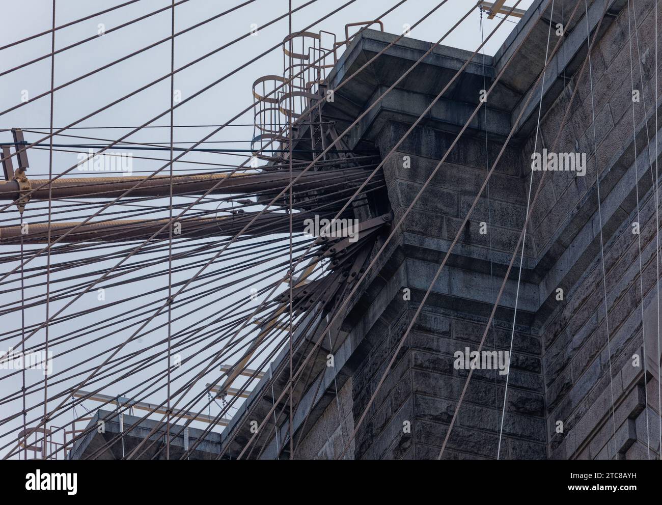 Historic icon of New York, the Brooklyn Bridge is a web of cables ...