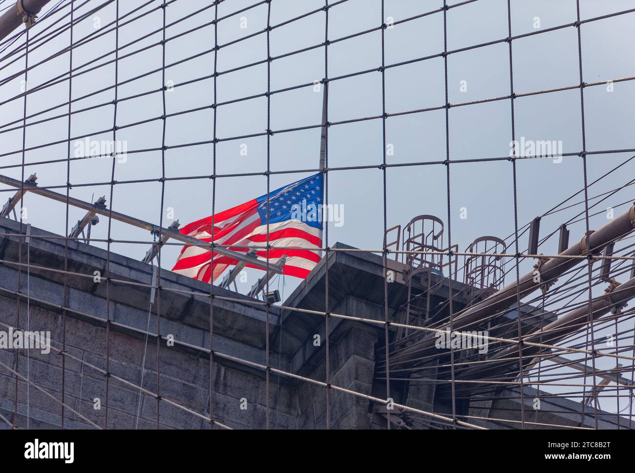 Historic icon of New York, the Brooklyn Bridge is a web of cables ...