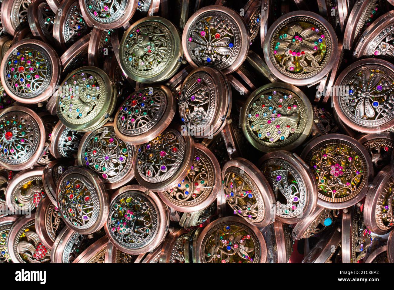 Set of round vintage pocket mirrors with a pattern Stock Photo - Alamy