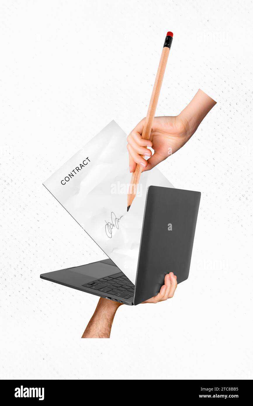Vertical creative poster banner collage arms holding laptop signing ...