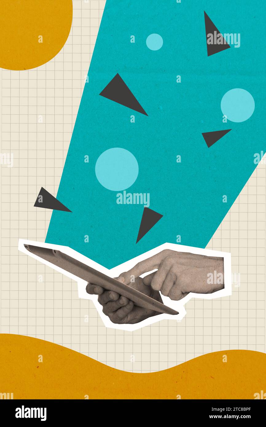 Vertical collage creative poster black white effect human hands hold ...