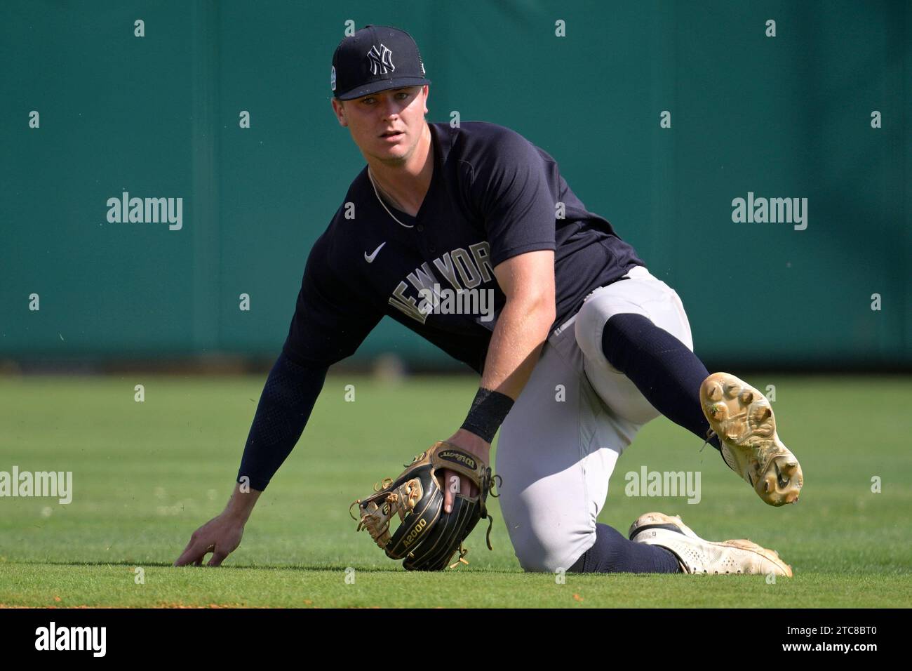 FILE - New York Yankees shortstop Trey Sweeney watches after throwing ...