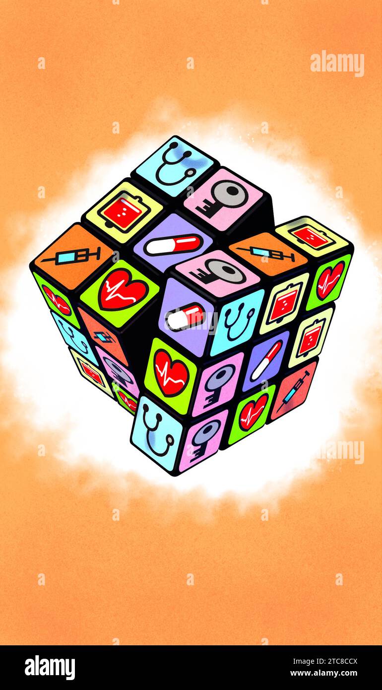 Concept art, Rubic's cube featuring symbols of health care, GPs, pills ...