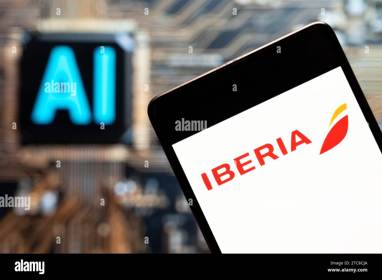 In this photo illustration, the Spanish airline Iberia logo seen ...