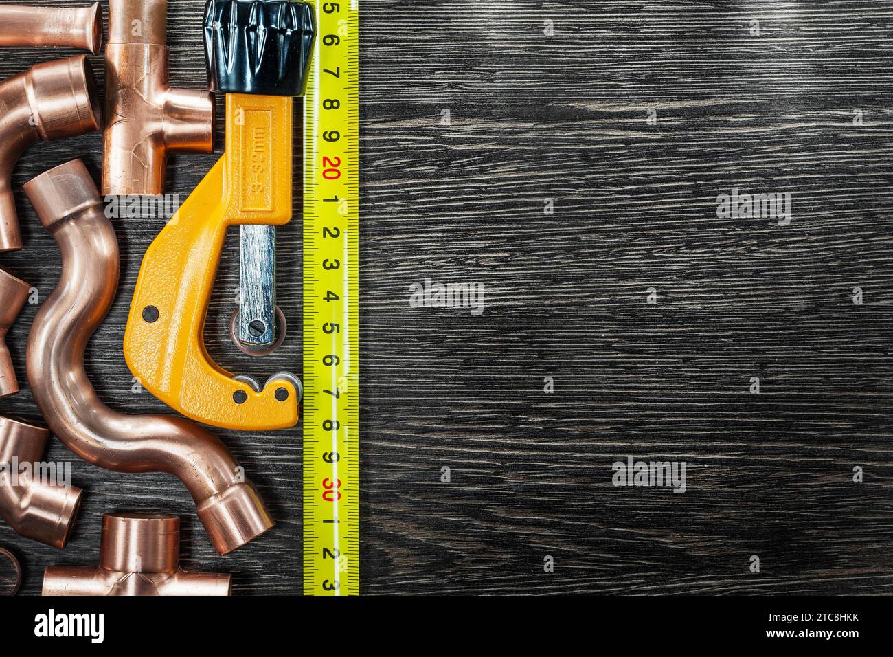 Copper water pipes measuring tape pipe cutter Stock Photo - Alamy