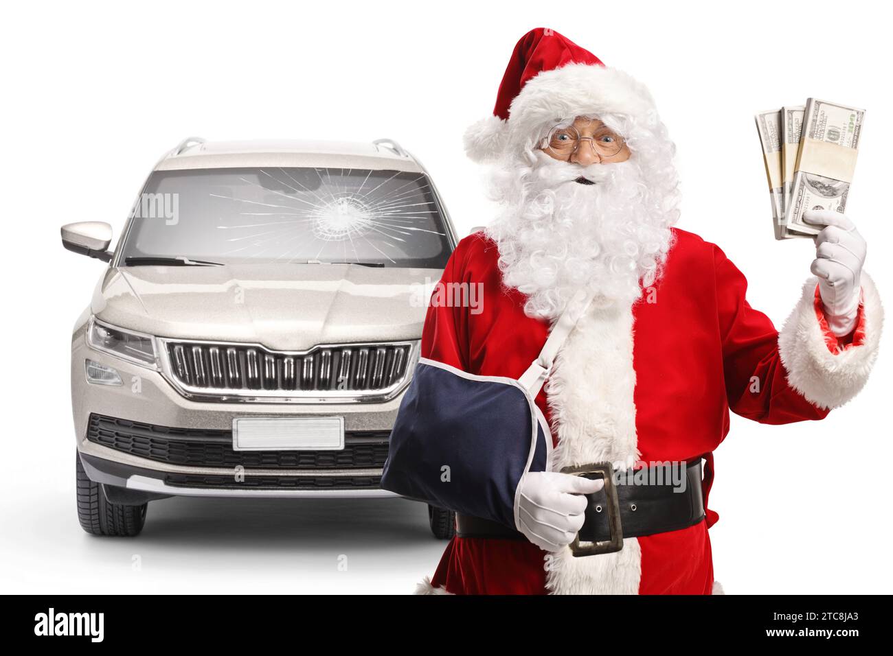 Santa claus with a car crash injury holding insurance money isolated on ...