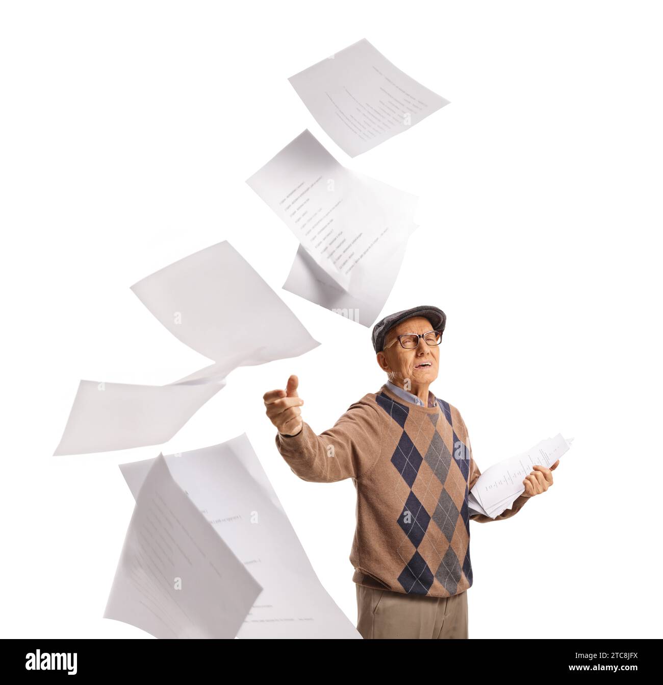 Elderly man throwing paper documents in air isolated on white ...