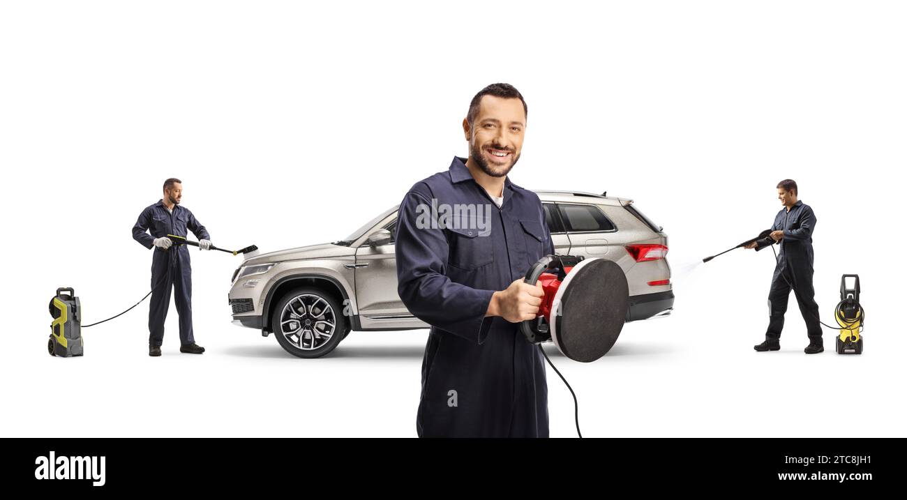 Workers at a car wash with auto polisher and washer machines isolated ...